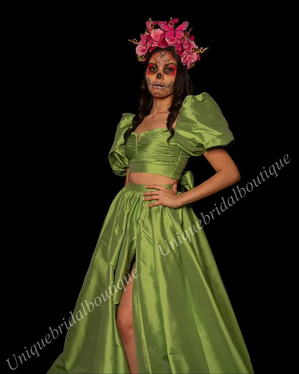 Two Piece Prom Dress Chartreuse Taffeta Jumpsuit With Balloon Sleeves ...