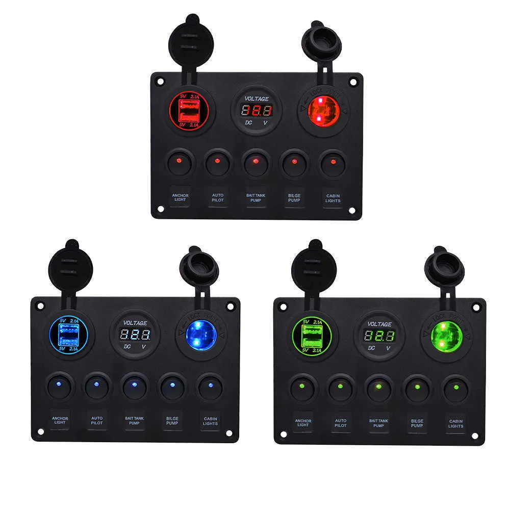 LED Rocker Switch Panel With Dual USB Charger Ports & Voltmeter ...