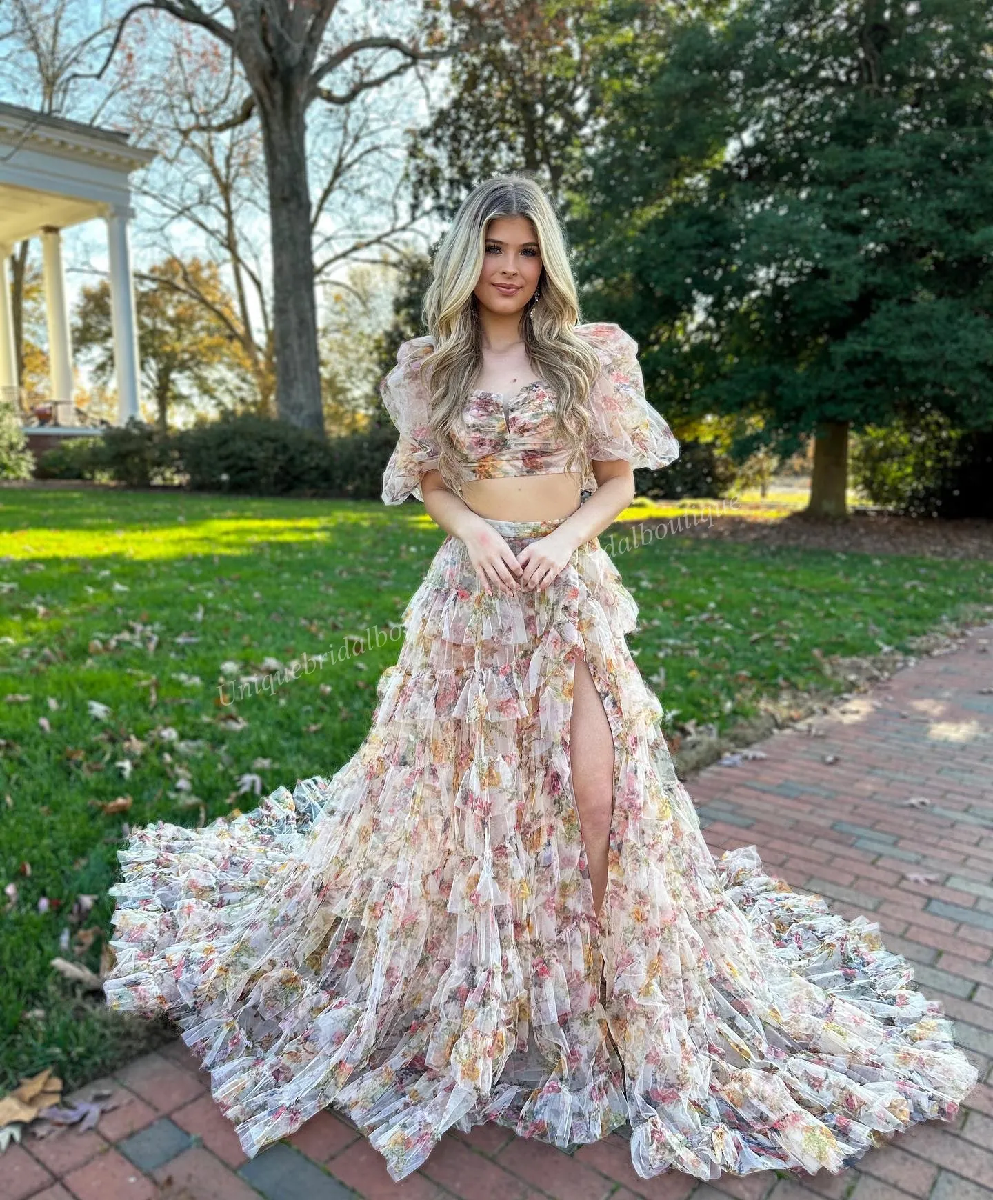 Floral Puffed Ballon Sleeves Floral Prom Dress With Ruffles A Line ...