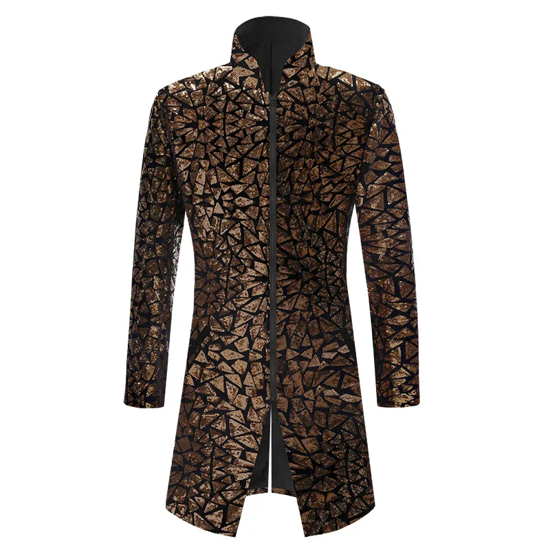 Fashion Sequin Long Blazers For Men Stand Collar Zipper Suit Style ...