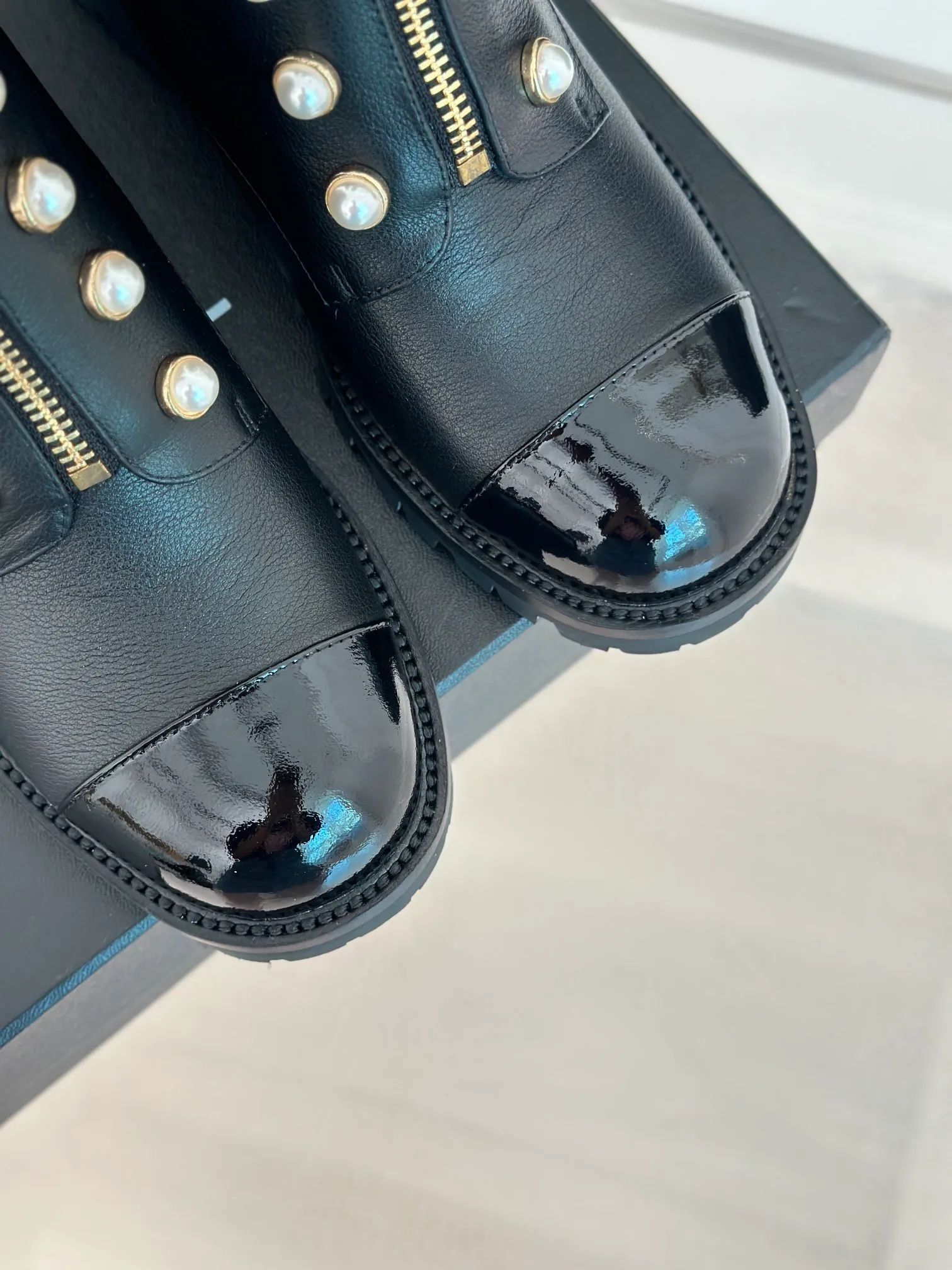 Designer High Boots: Chunky Heel Leather Ankle Boots With Pearl Accents ...