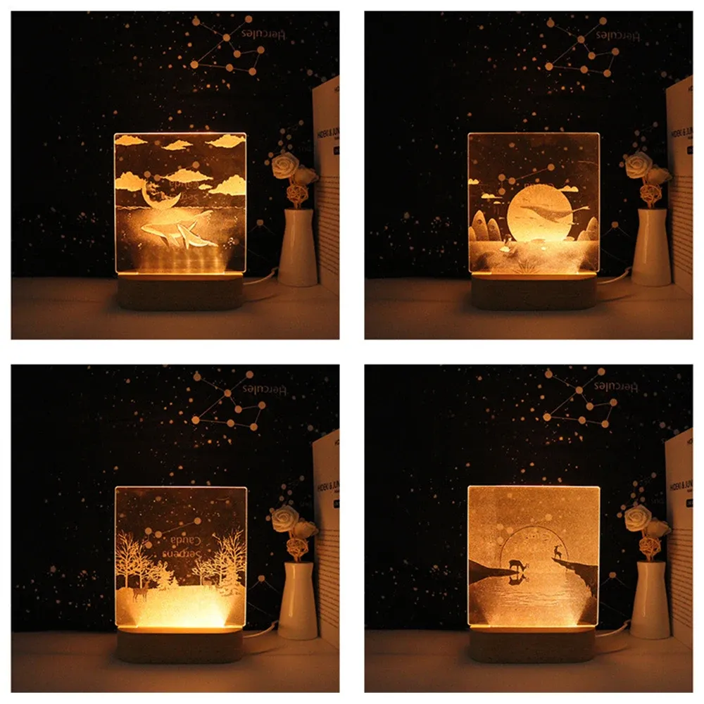 Handmade Resin Art Crystal LED Light Display Base Wooden 3D Night Light ...