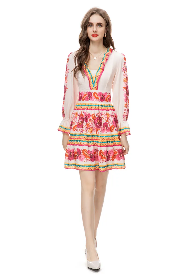 DHgate.com:Sexy V Neck Printed Tiered Ruffles 2024 Runway Dresses for ...