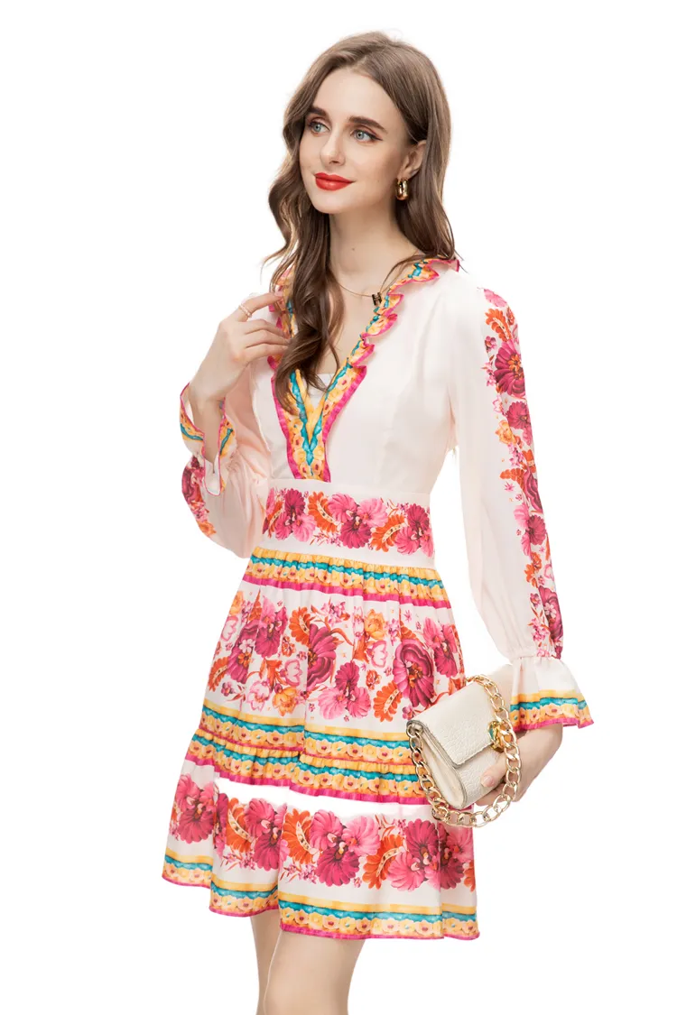 DHgate.com:Sexy V Neck Printed Tiered Ruffles 2024 Runway Dresses for ...