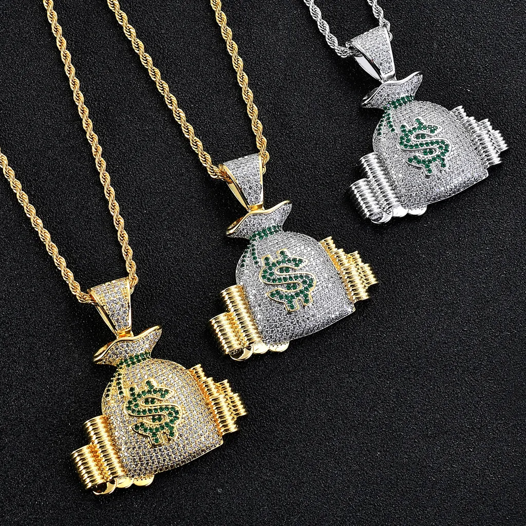 Hiphop Jewelry Wholesale Money Bag Pendant Necklace: Gold-Plated, CZ ...