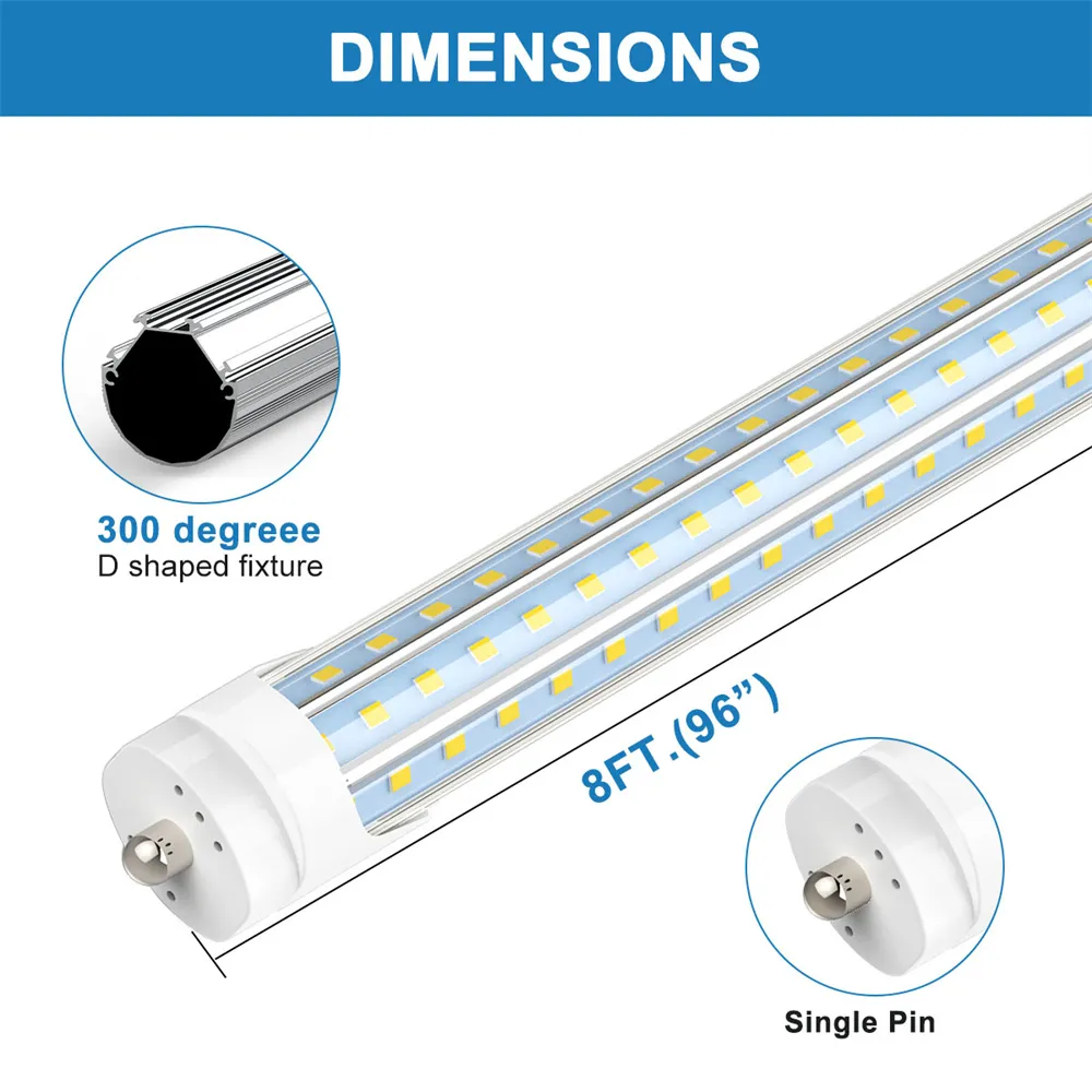 120W 8FT LED Shop Lights Bulb AC100 277V Single Pin FA8 T8 96'' LED ...