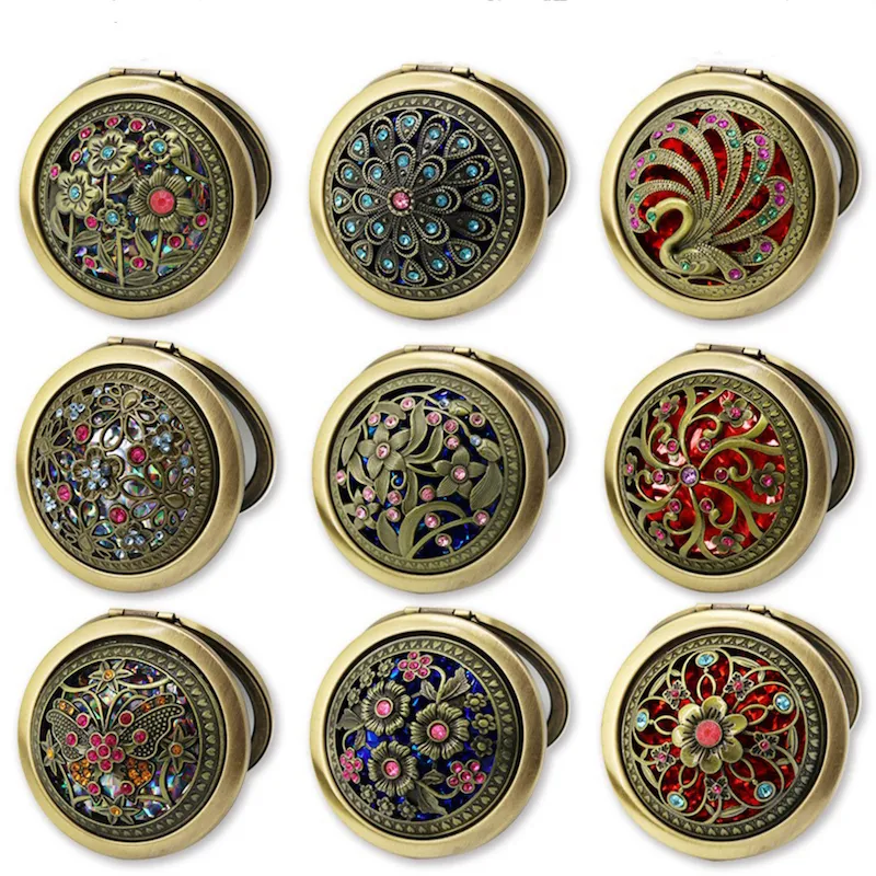 Vintage Compact Mirror Bronze Finish Folding Makeup Mirror, Mini Pocket ...
