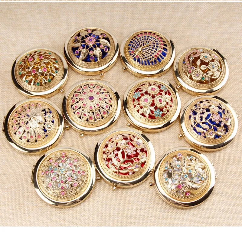 Designer Compact Mirror Gold Crystal Inlaid Mini Makeup Mirror | 2 Face ...