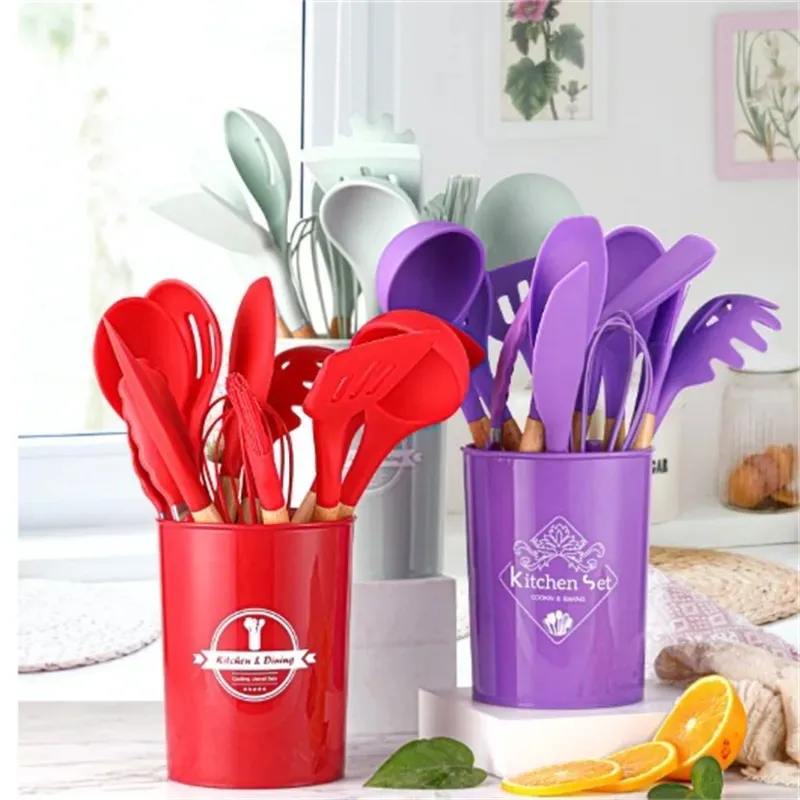 DHgate.com:Multicolor Silicone Cooking Utensil Set with Wooden Handles ...