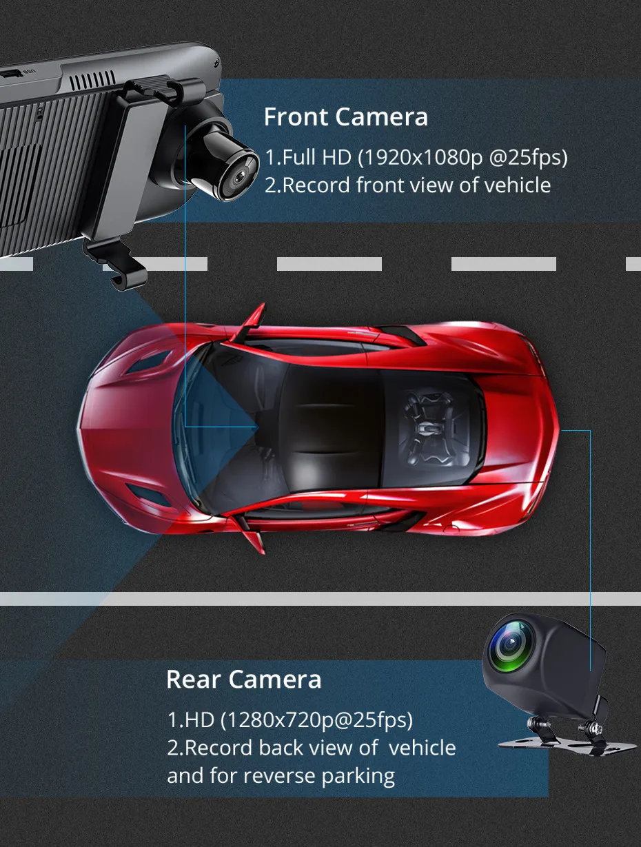 10 4G Car Dash Cam With Rear View Camera Android 8.1 FHD DVR, GPS ...