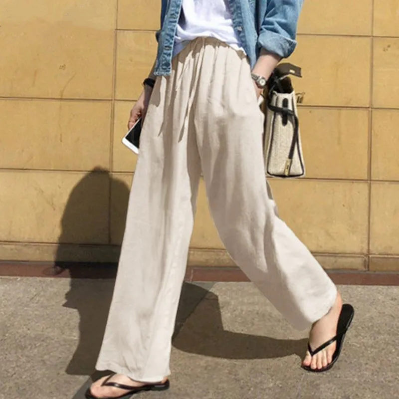 Womens Cotton Linen Pants Capris Drawstring High Waisted Pants Casual Loose Wide Leg Pant Beach Trousers With Pockets For Daily From 17 96 DHgate