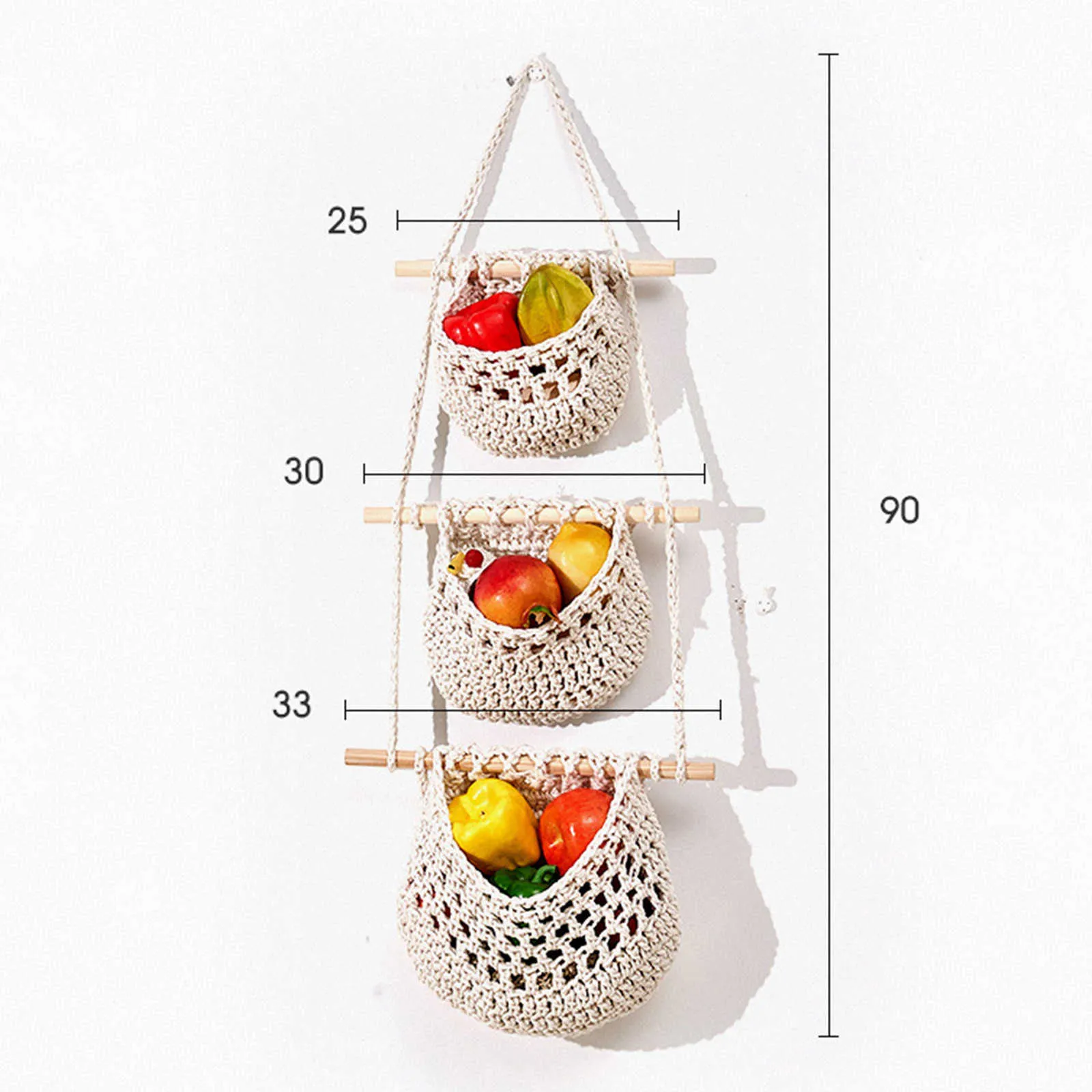 Hanging Fruit Basket 3 Tier Detachable Wall Mounted Handwoven Net Bag ...