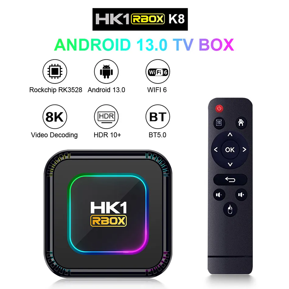 HK1 RBOX K8 2024 Android TV Box 4GB RAM 128GB ROM 8K RGB Light Wifi6 Box De TV Inteligente ...
