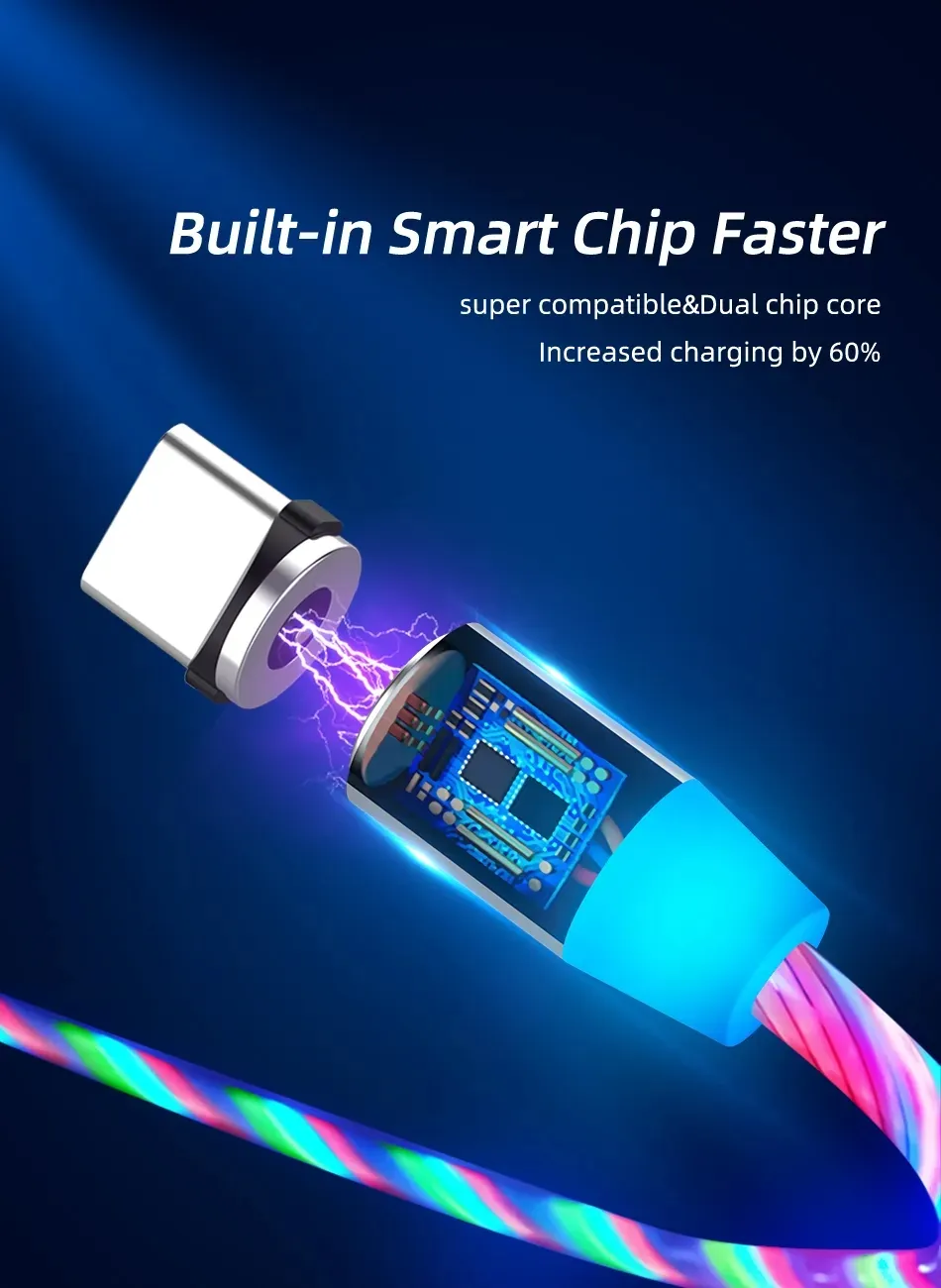 3.3ft/6ft 3A LED Glow Flowing Magnetic usb c type cable with OPP Bag ...