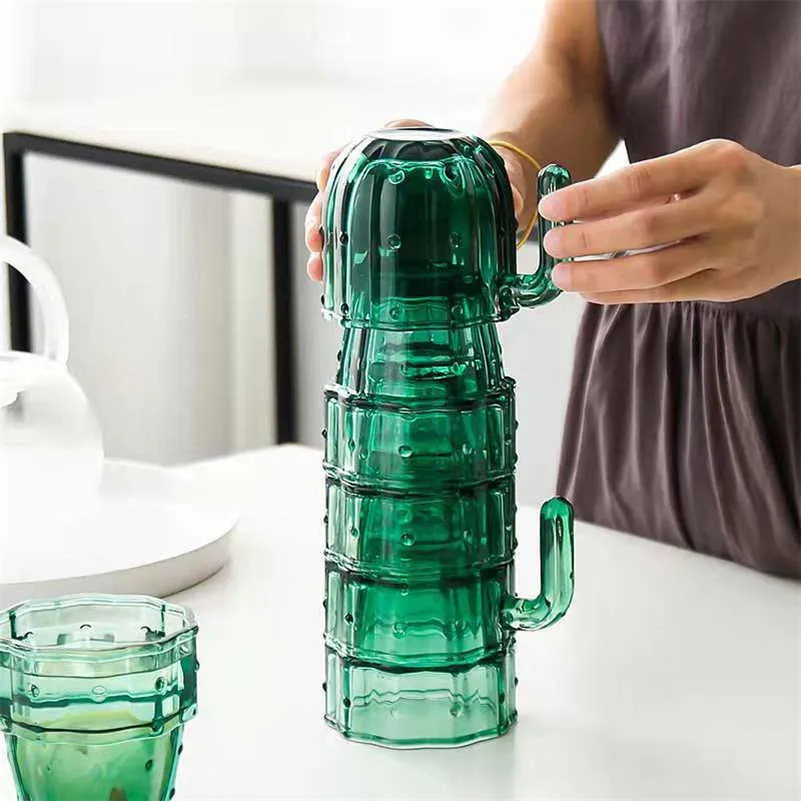 Nordic Cactus Glass Cup Set - 4/Stackable Tumblers, Green Water Glasses ...