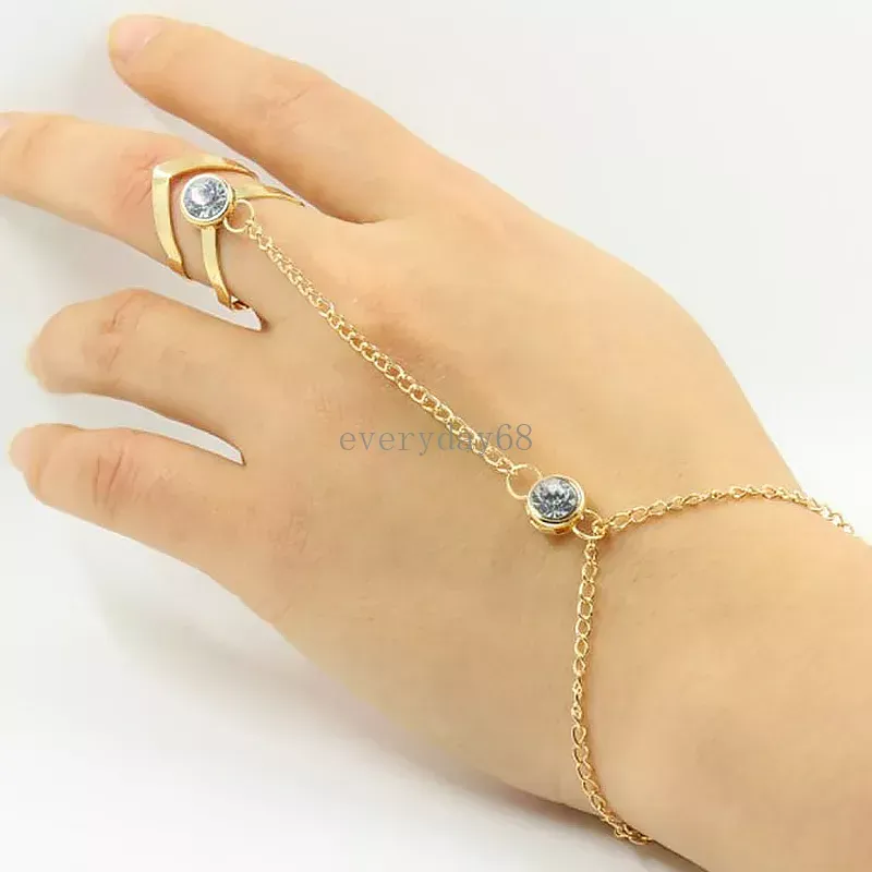 Crystal Hollow Out Punk Metal Finger Ring Link Bracelet For Women And ...