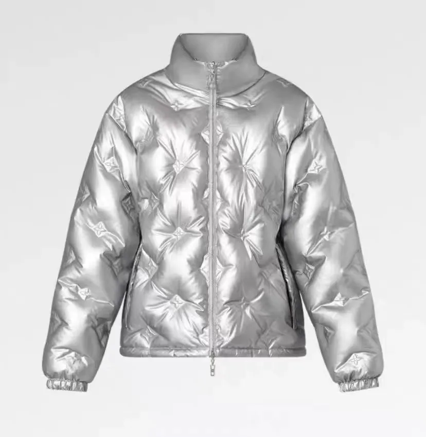High Quality Unisex Designer Silver Puffer Coat With L And V Lettering ...