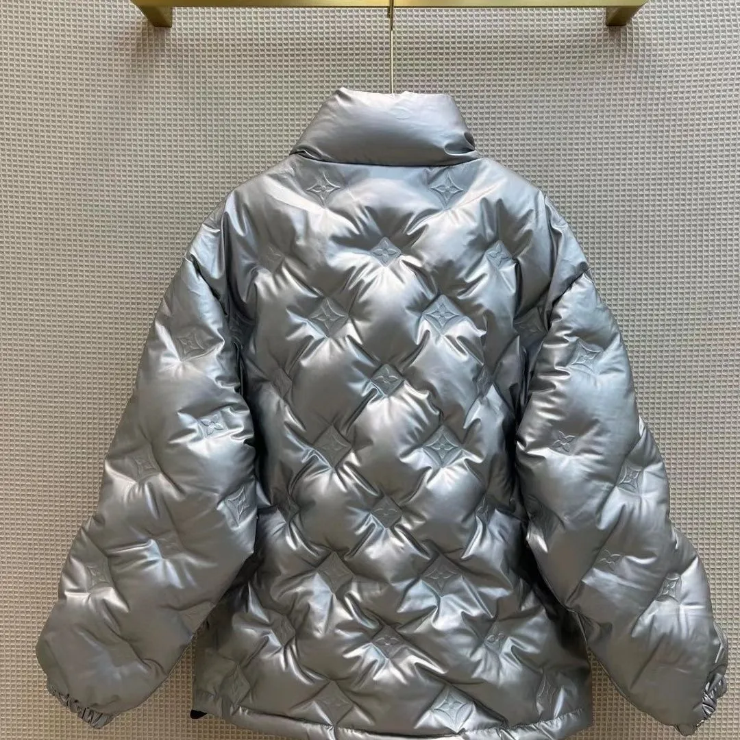 High Quality Unisex Designer Silver Puffer Coat With L And V Lettering ...