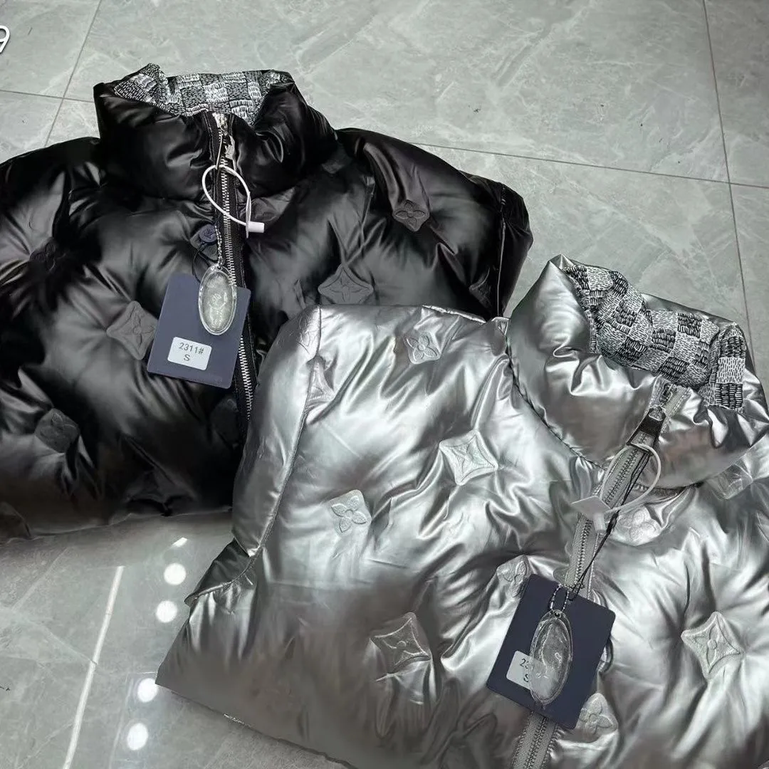 High Quality Unisex Designer Silver Puffer Coat With L And V Lettering ...