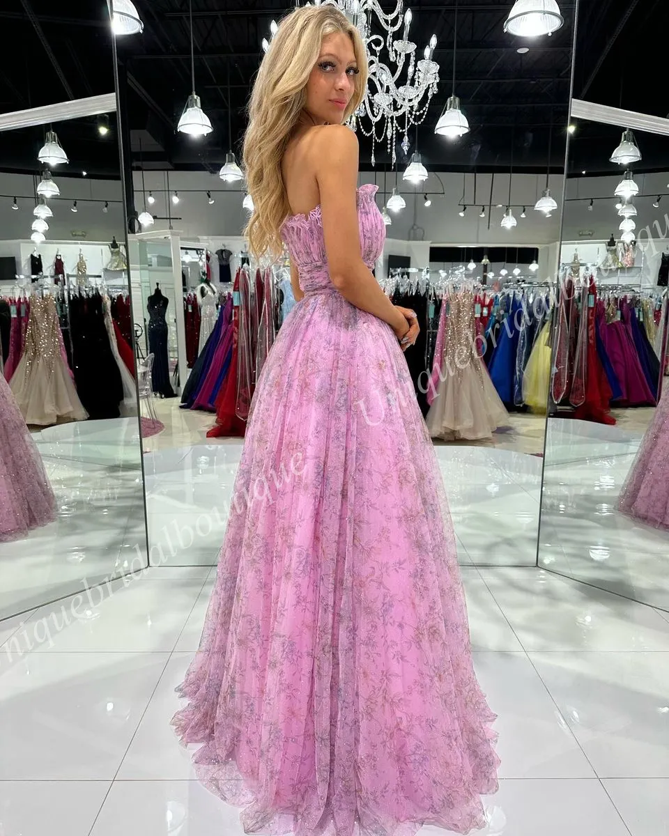 Magenta Prom Dress: Pink Print Ruffle Ball Gown High Empire Waist ...