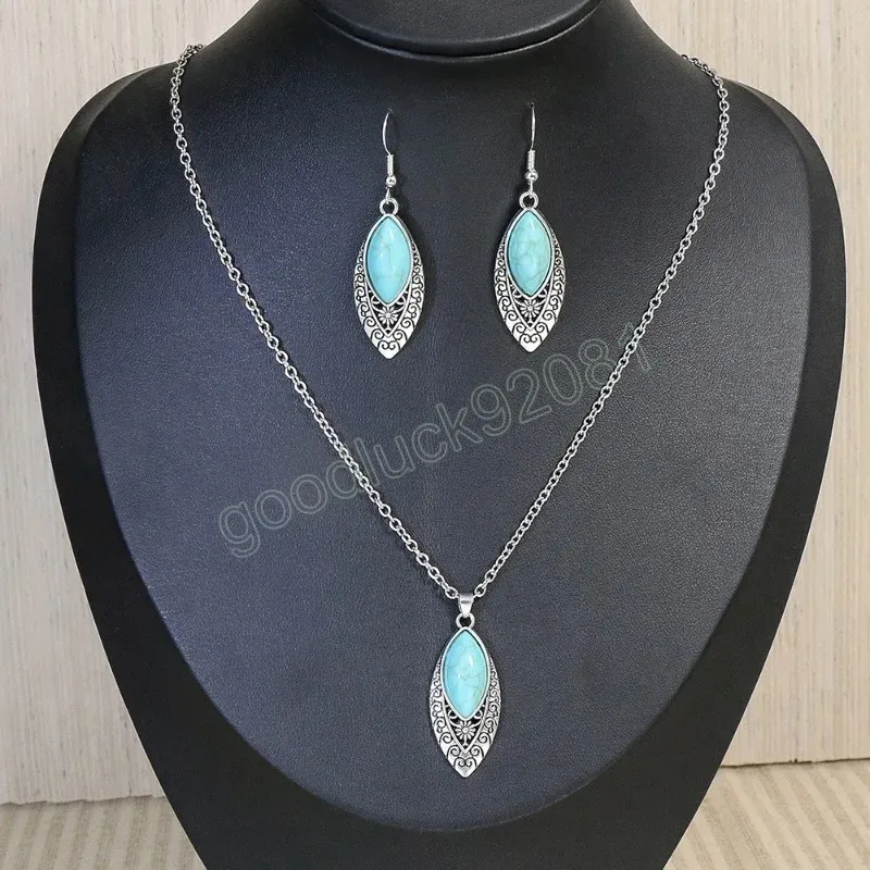 Turquoise Jewelry Sets: Bohemian Silver Flower Carved Turquoise ...