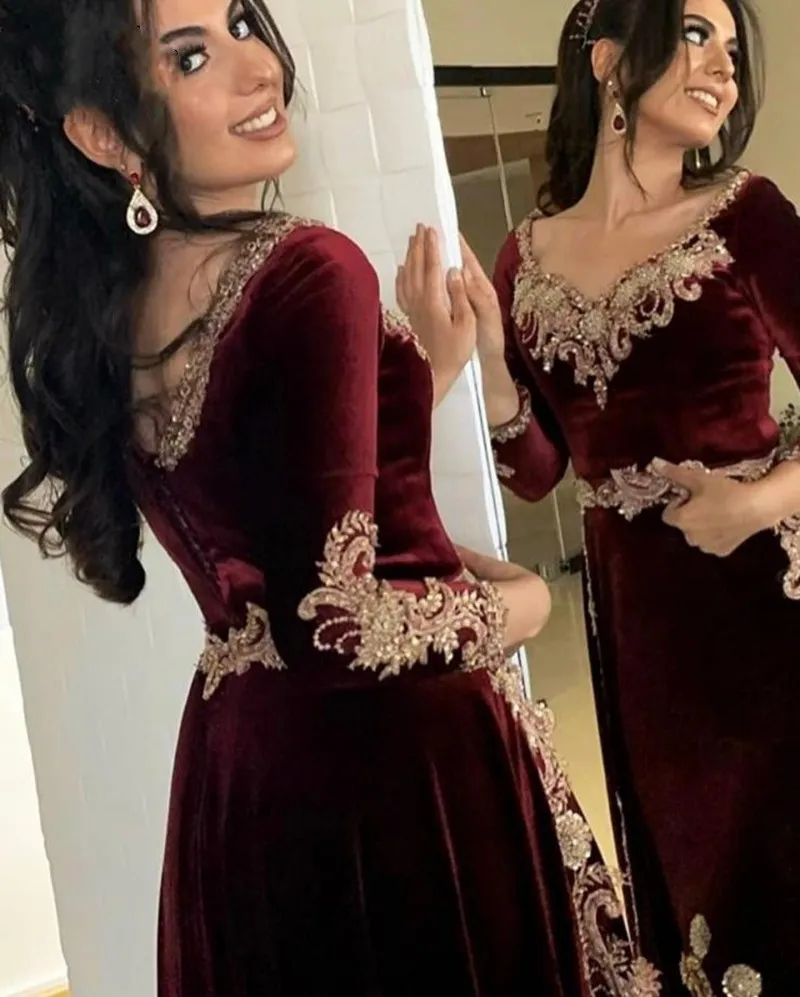 العربية Caftan Marocain Burgundy Fevid Dresses Velvet Lace Applqiue ...