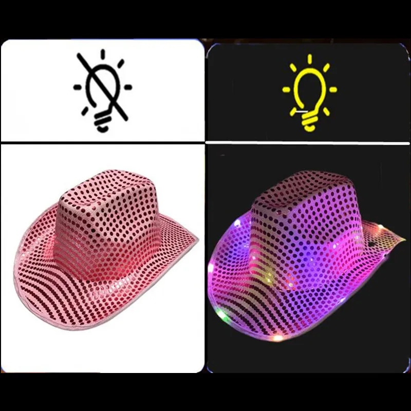 Space Cowgirl LED Hat Flashing Light Up Sequin Cowboy Hats Luminous ...