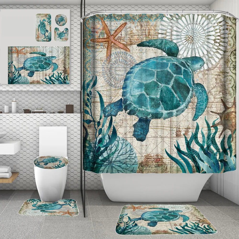 Ocean Seaside Coastal Shower Curtain Sets With Starfish, Shell, And ...