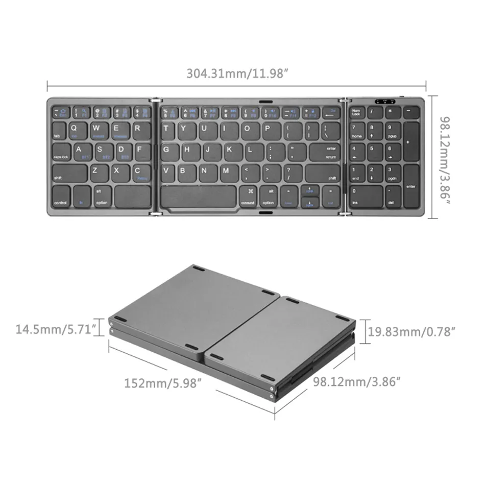 Portable Mini Three Folding Bluetooth Keyboard Wireless Foldable Keypad ...