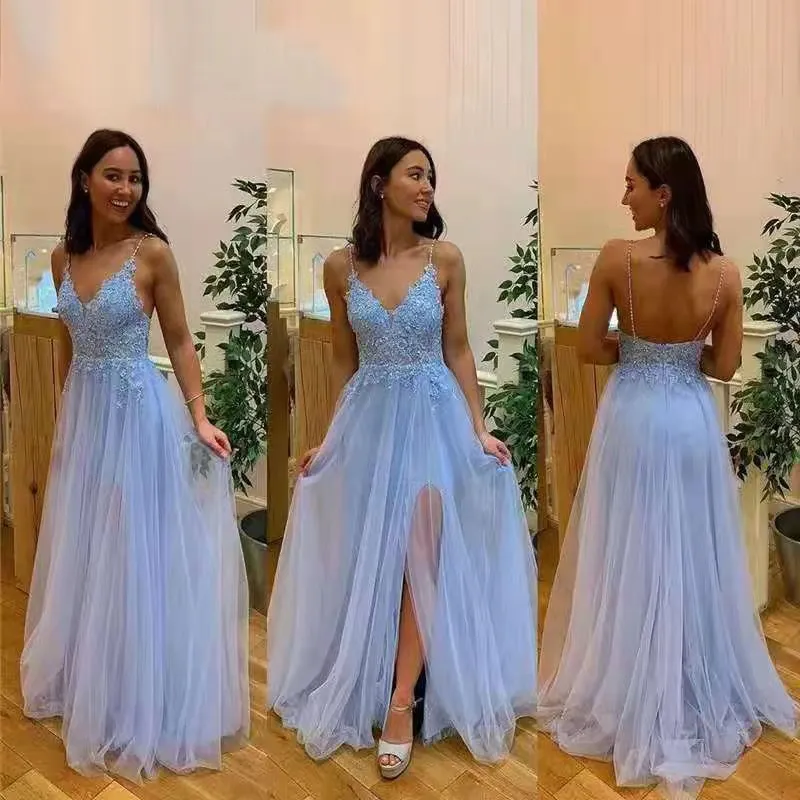 2023 Light Blue Lace Applique Beaded Split Blue Prom Dresses 2023 With ...