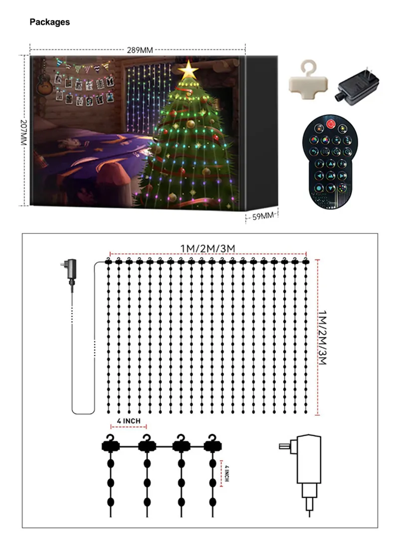 Programmable Led Curtain String Lights 3x3M, USB Powered Window Wall ...