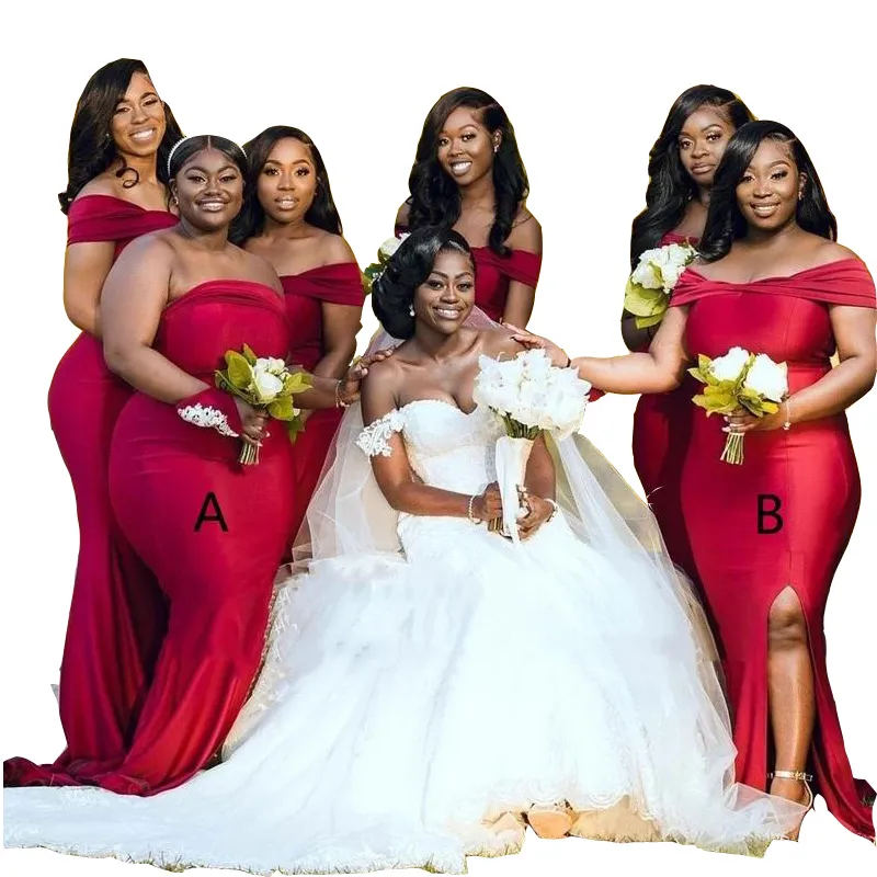 African Bridesmaid Dresses Red Satin Off Shoulder... From Haiyan4419 ...