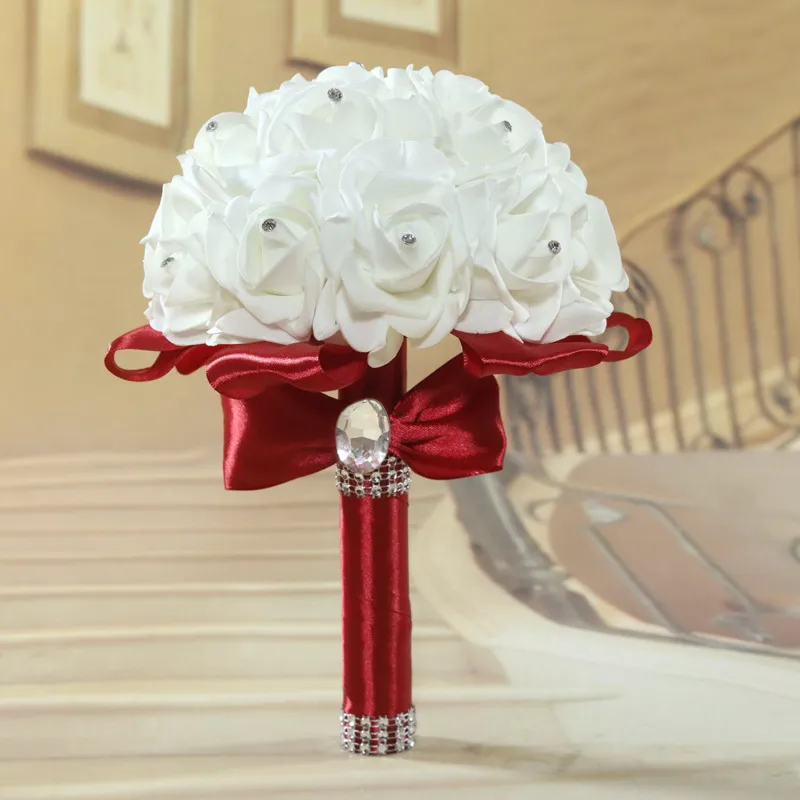 Elegant Artificial Bridal Bouquet - Ribbon Rose Bouquets with Crystals ...