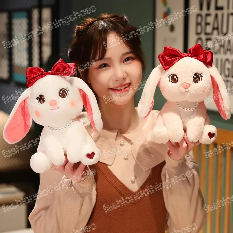 Kawaii White Rabbit Plush Toy With Long Ear Red Big Bowknot And Soft