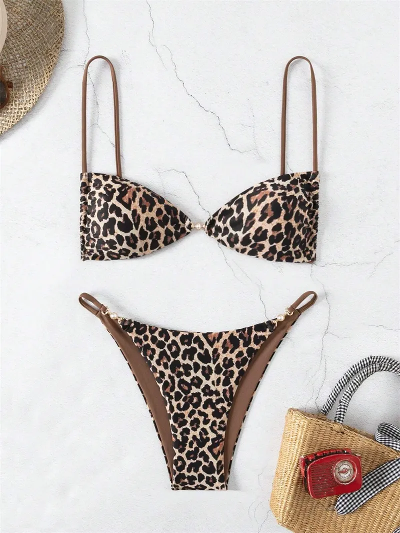 Leopardo Estampado Micro Bikini 2025 Decoración De Perlas De Mujeres ...