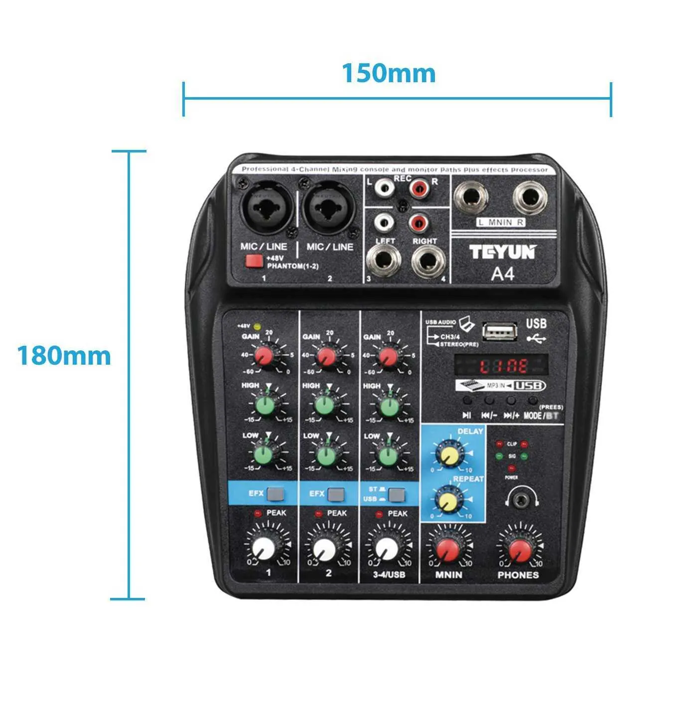 TEYUN A4 Digital Audio Mixing Console With Bluetooth, USB Recording, 48V Phantom Power Delay ...