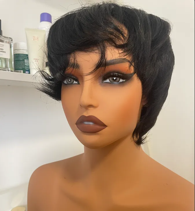 6 Inch Premium Pixie Cut Human Hair Wig Natural Black With Subtle Curls ...