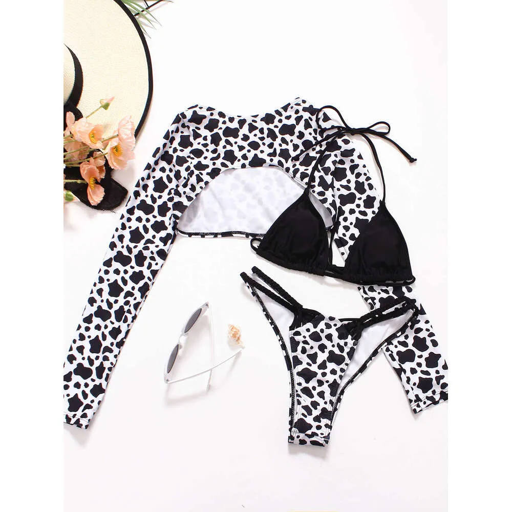 Leopard Print Triangle Sleeve Bikini Set Woven Rope Top And Long ...
