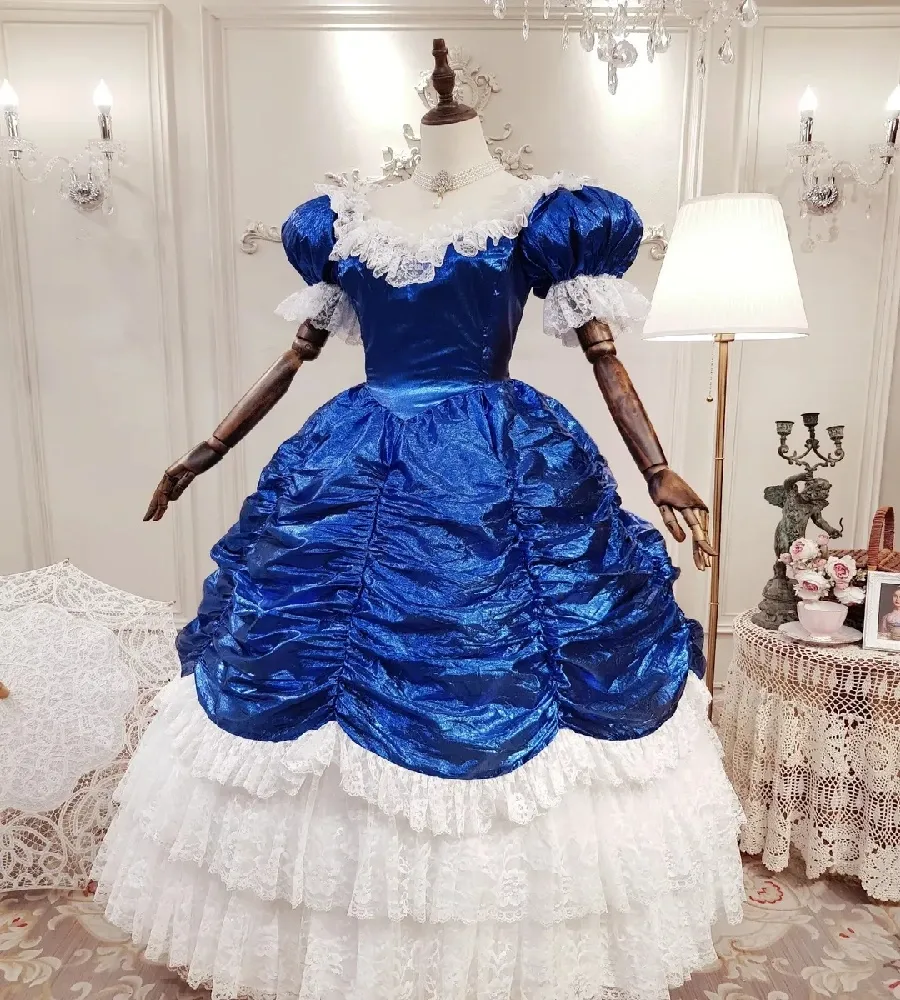 Renaissance Royal Blue Gothic Wedding Dress Pleat Lace Costume Medieval ...