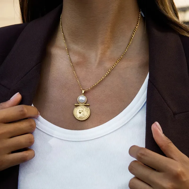 Delicate Figro Pearl Coin Portrait Pendant Gold St Christopher Necklace ...