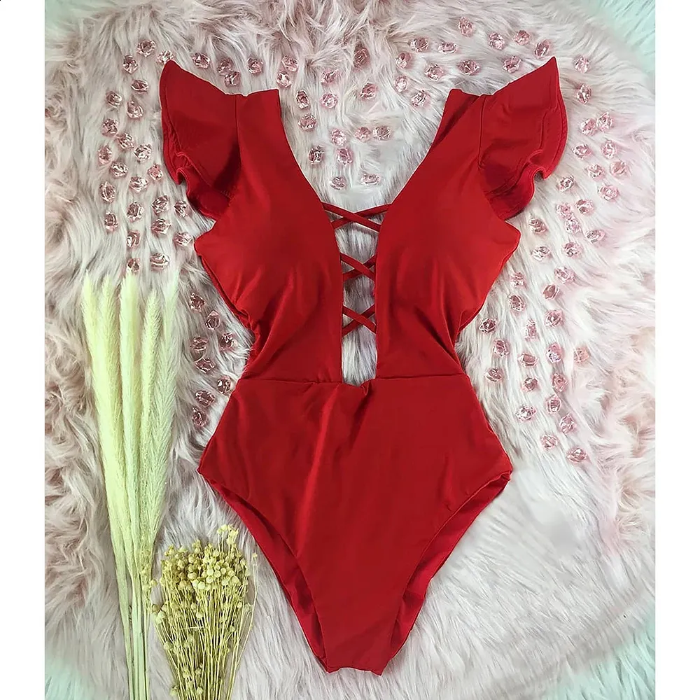 2025 Ruffle One Piece Swimsuit Solid Red Black Swimwear Women Deep V ...