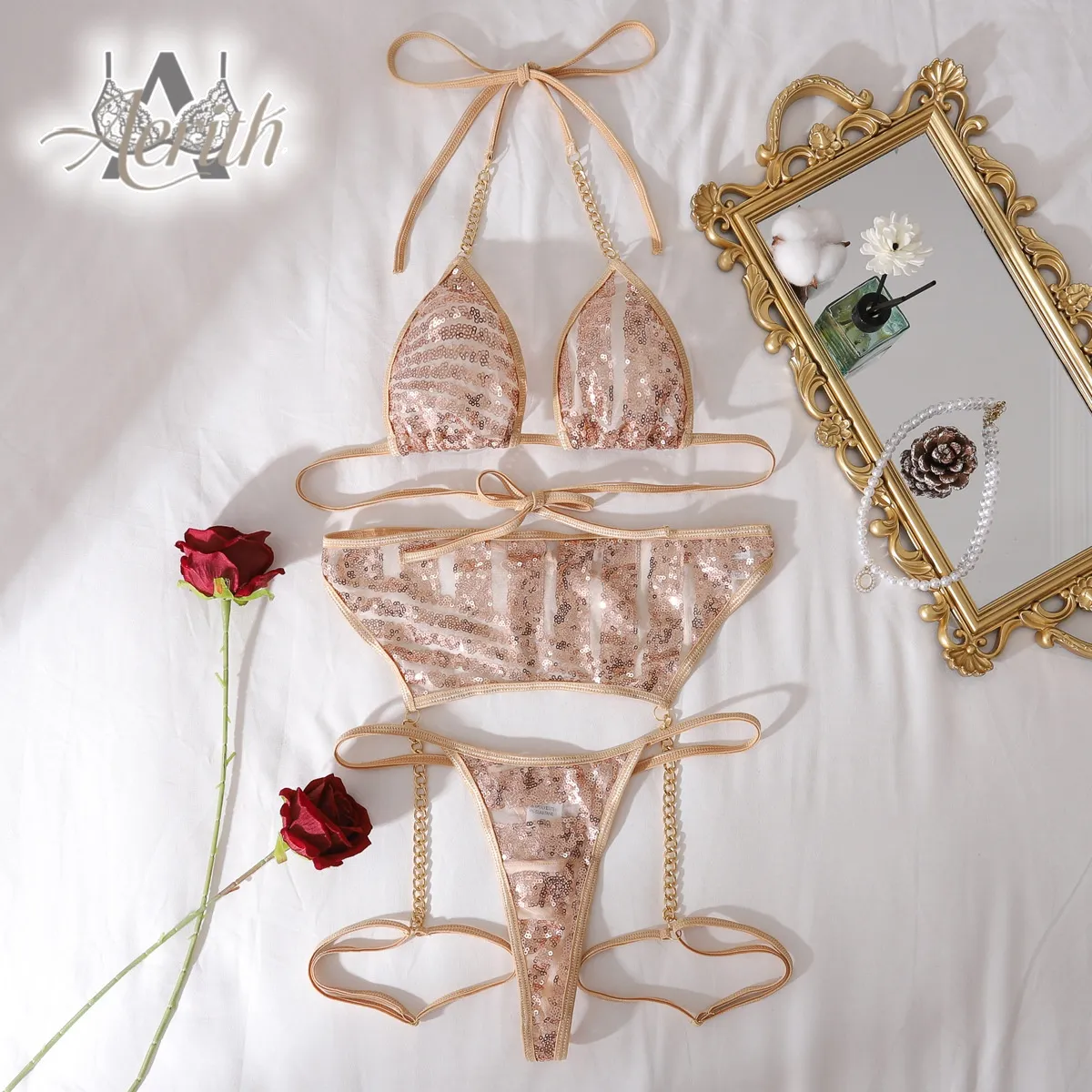 Sequin Lingerie Sets: Golden Bra & Panty Set Sexy Silver Threaded Chain ...