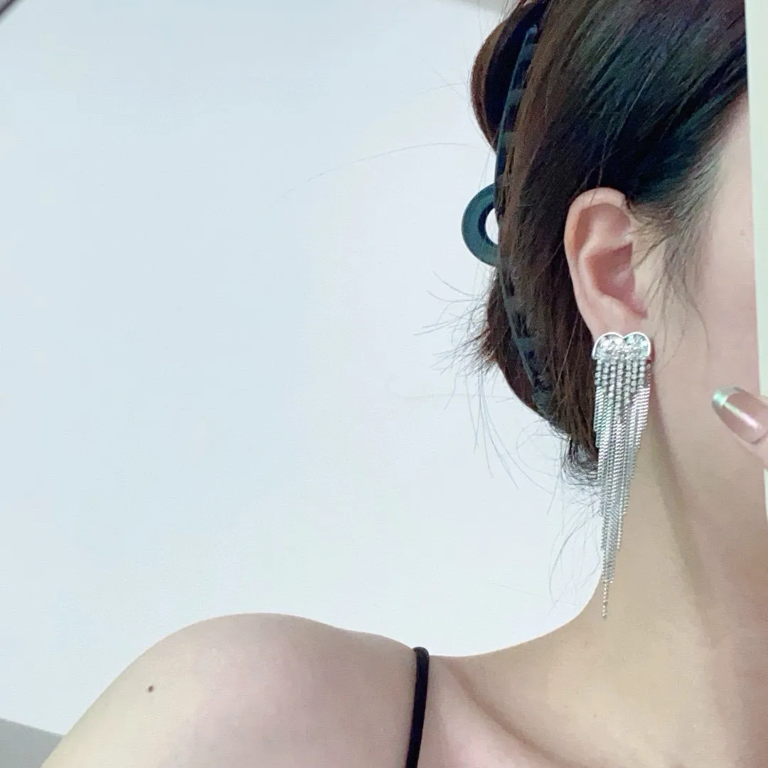 New Silver Letter Crystal Rhinestone Tassel Long Earrings Face Slimming Flattering 925 Sterling ...